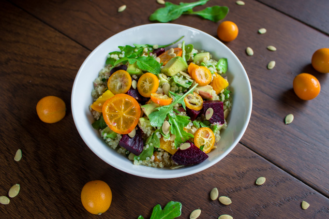 Avocado Beet Quinoa Salad with Kumquats and Pumpkin Seeds | I Deliciate.